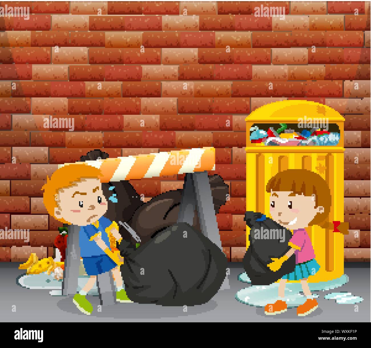 Two kids dumping trash by the trashcan illustration Stock Vector Image ...