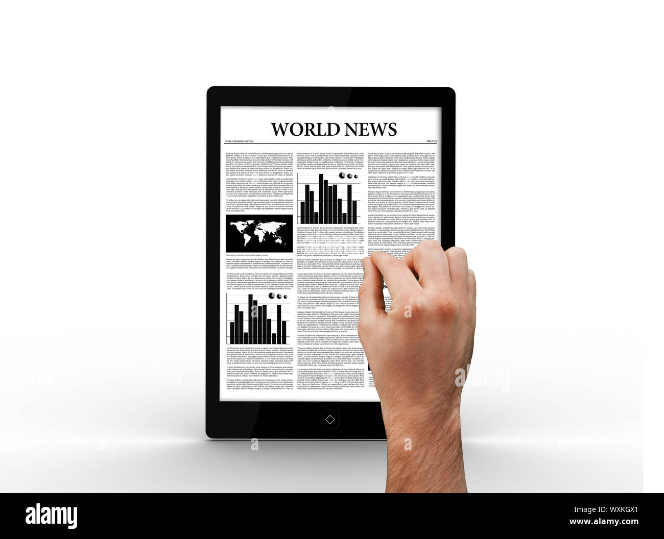 Tablet computer showing world newspaper on white background Stock Photo ...