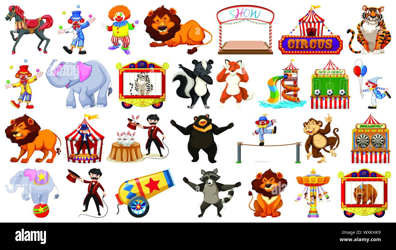 Circus set with animals rides and clowns on isolated background ...