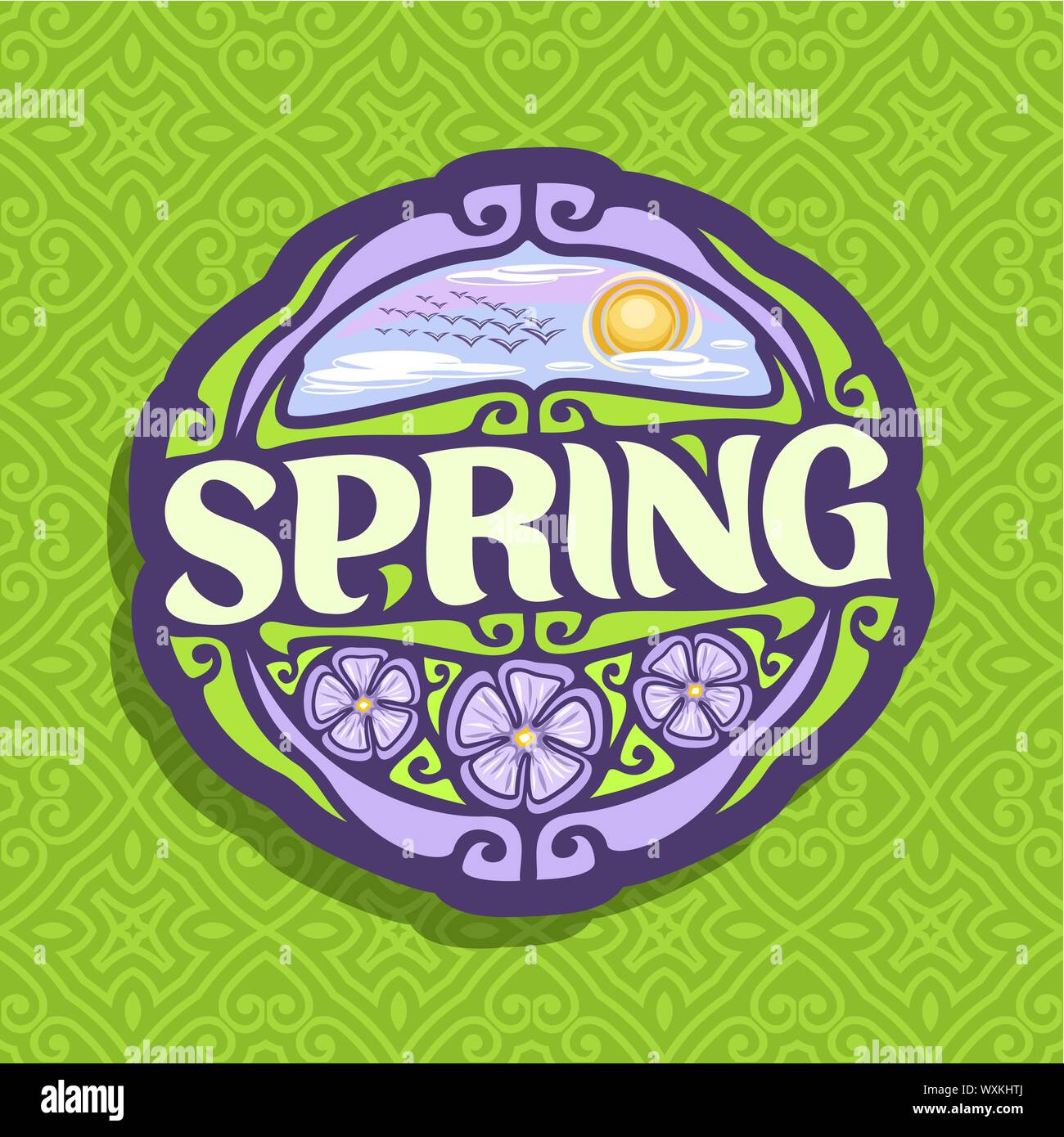 Vector logo for Spring season: oval icon with cloudy morning sky and ...