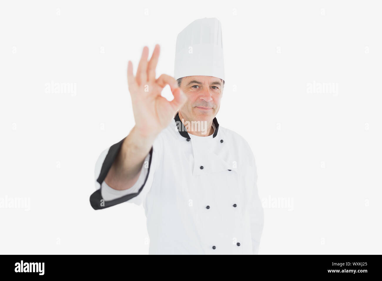 Portrait of male chef in uniform showing ok sign against white ...