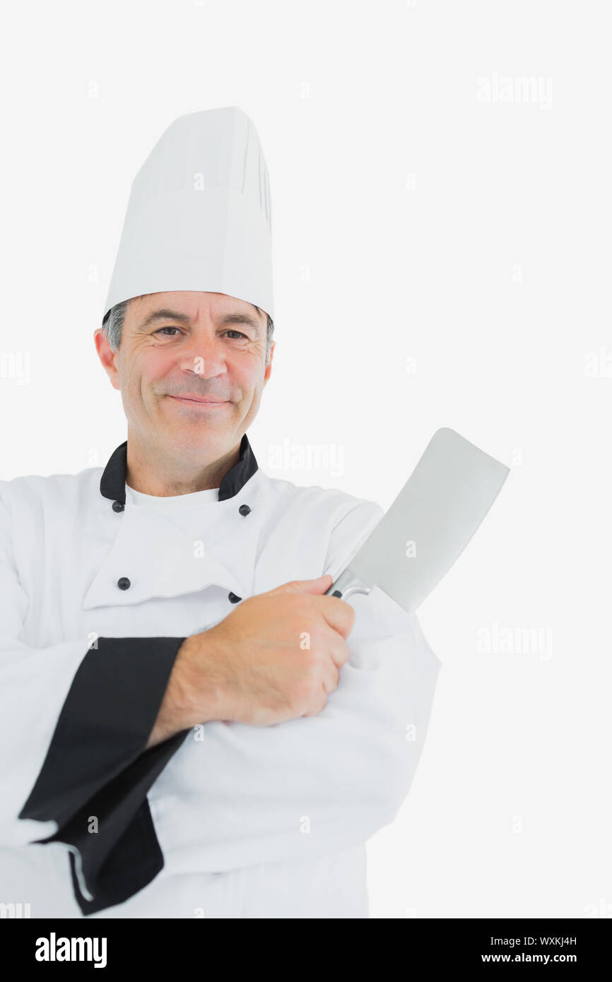 Portrait of male chef with meat cleaver over white background Stock ...