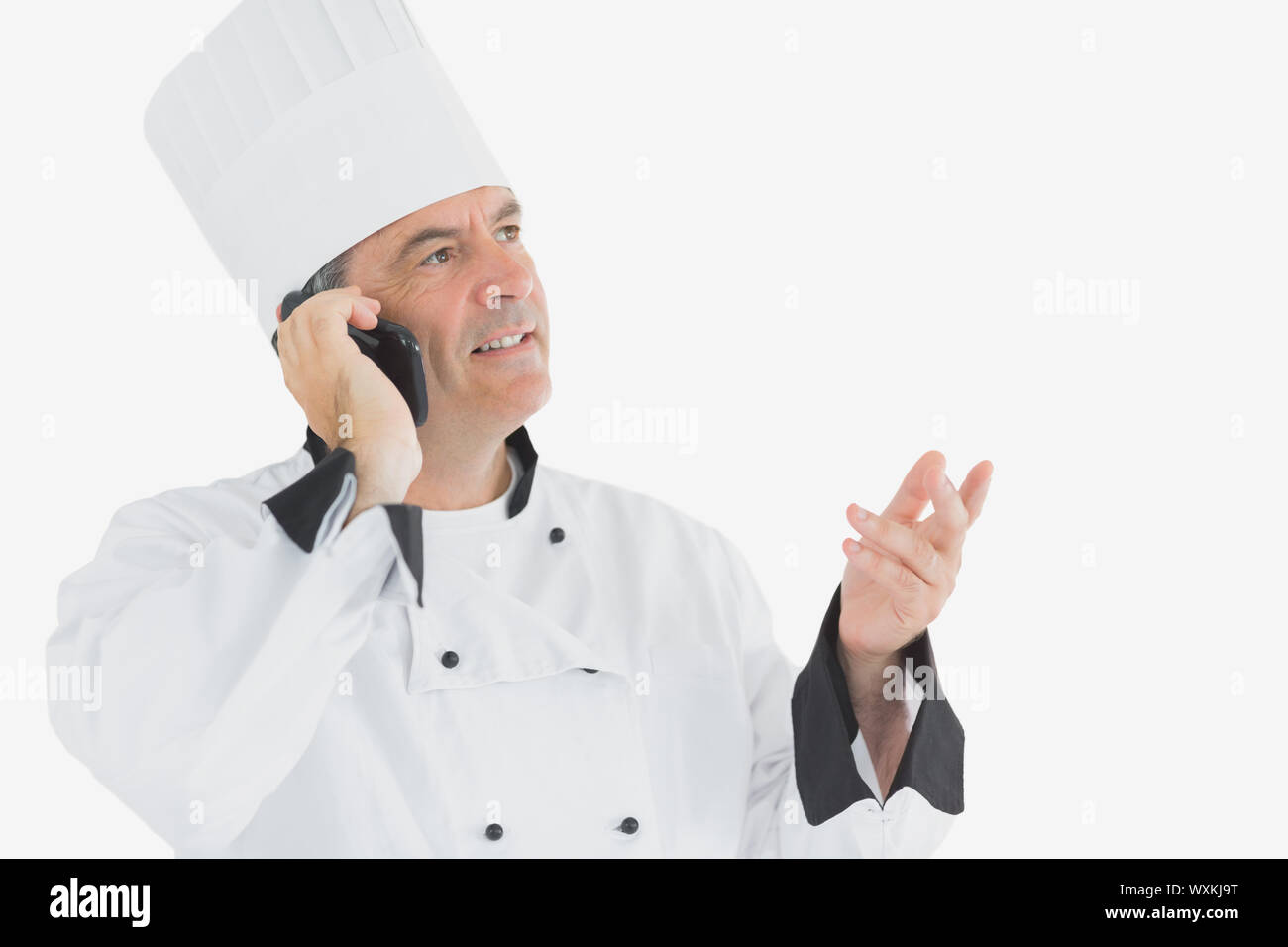 Male chef using cell phone over white background Stock Photo - Alamy