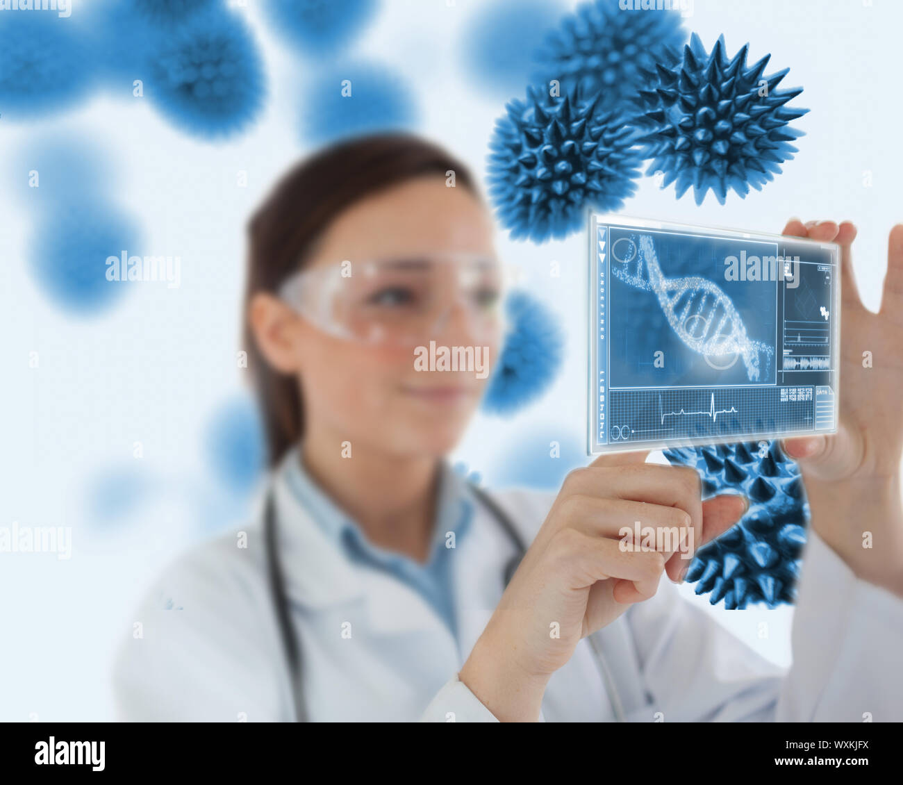 Smiling nurse working with virtual screen against a digitally generated ...