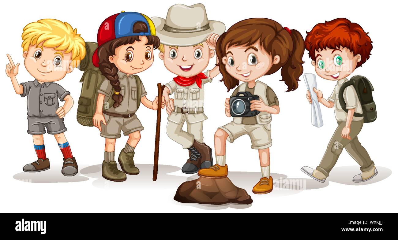 Happy children in outdoor outfit illustration Stock Vector Image & Art ...