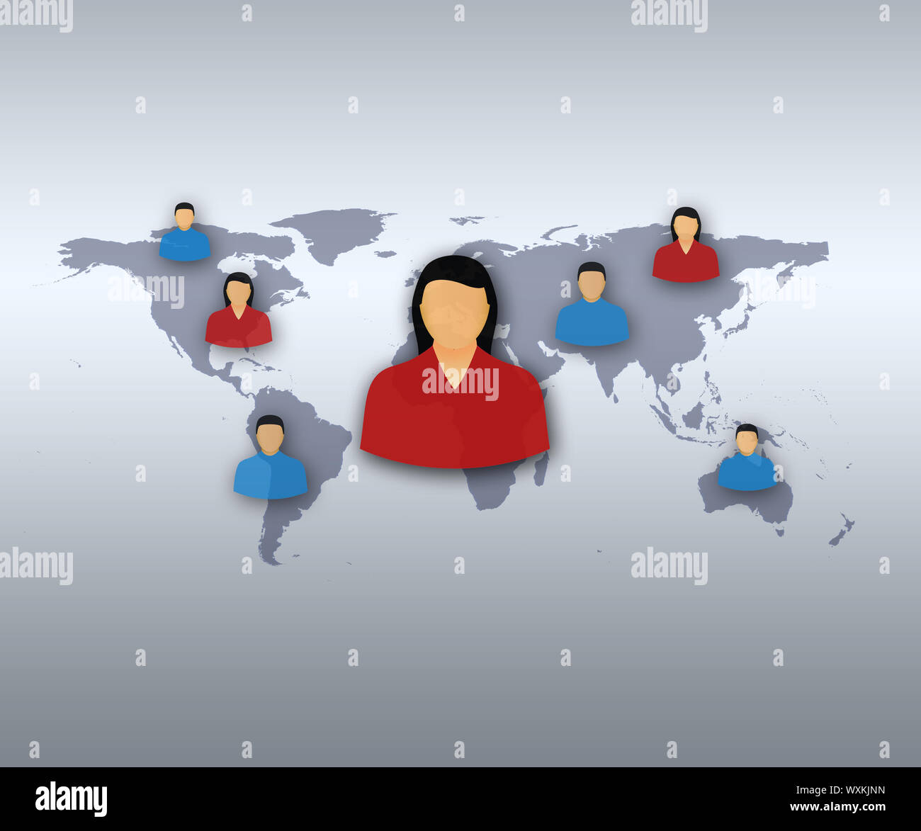 People from various continents on communication map on touch screen ...
