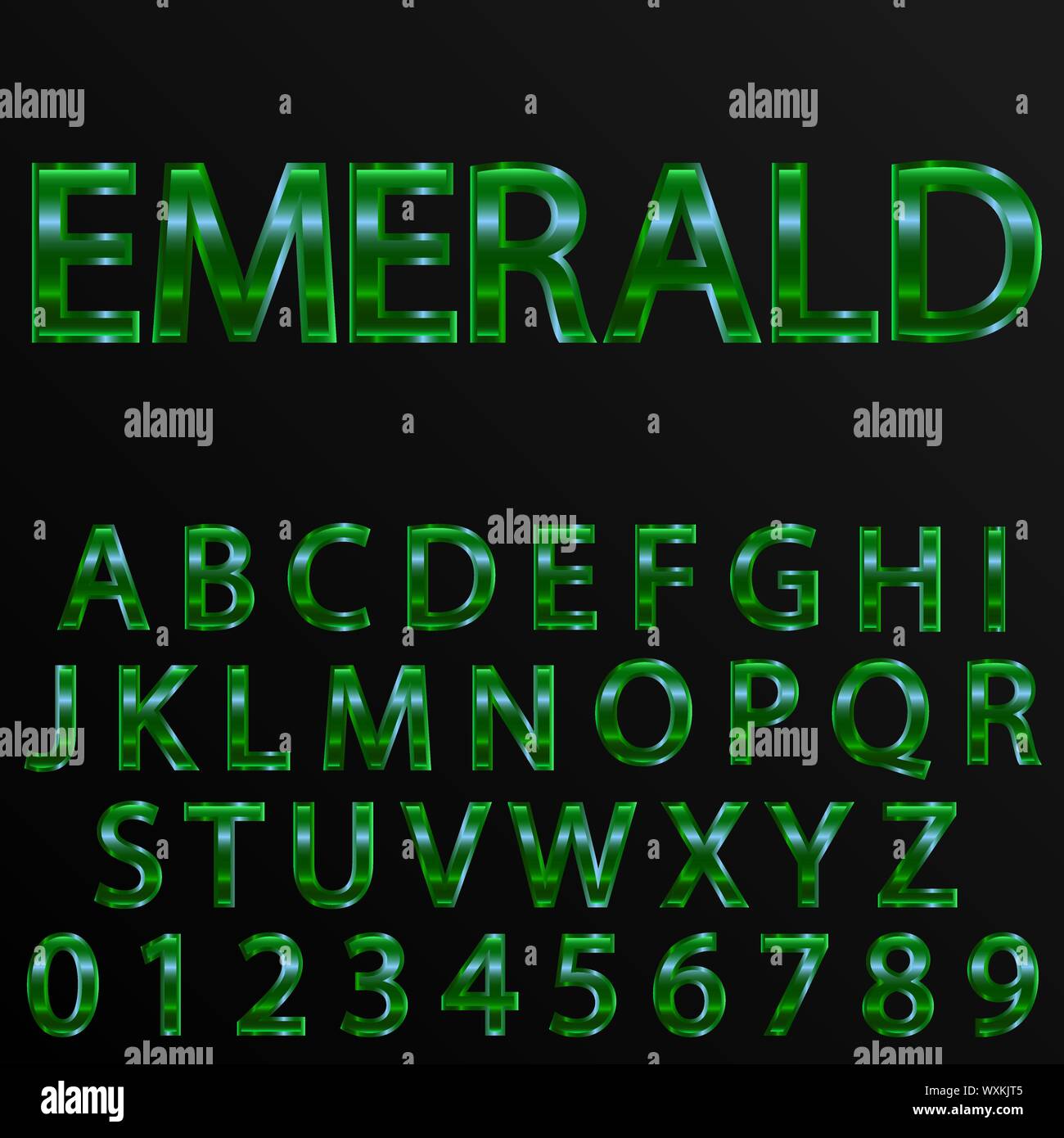 retro alphabet font. Emerald effect letters and numbers. Vector ...