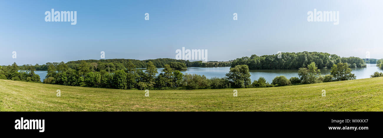 a panoramic landscape with fields and lakes in Denmark, July 12, 2019 ...