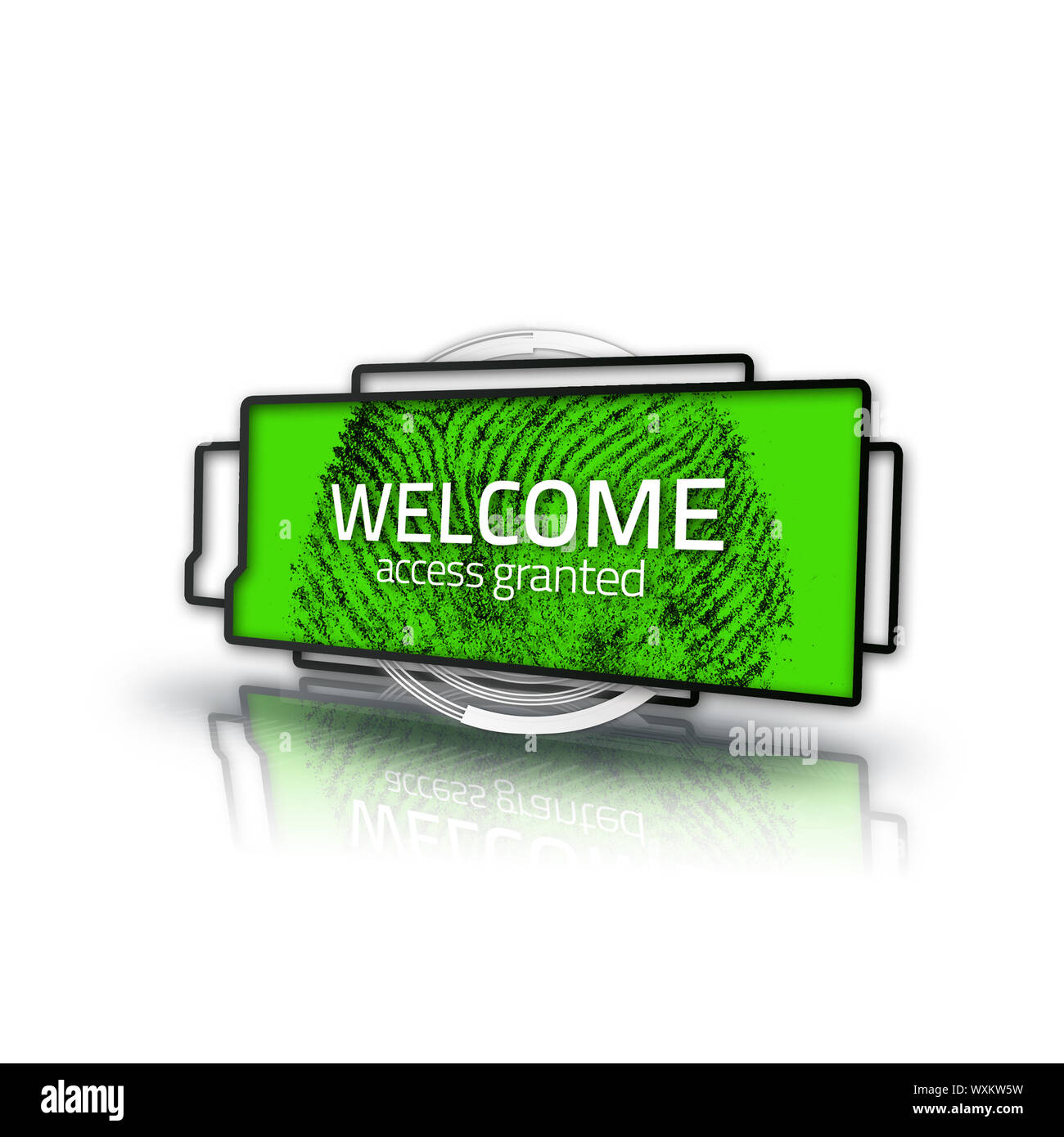 Green screen with fingerprint granting access on white background Stock ...