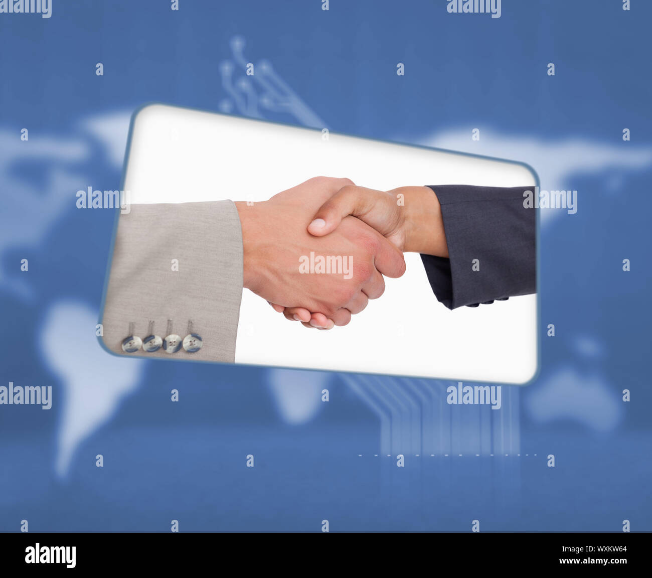 Screen with image of handshake in blue digital interface with world map ...