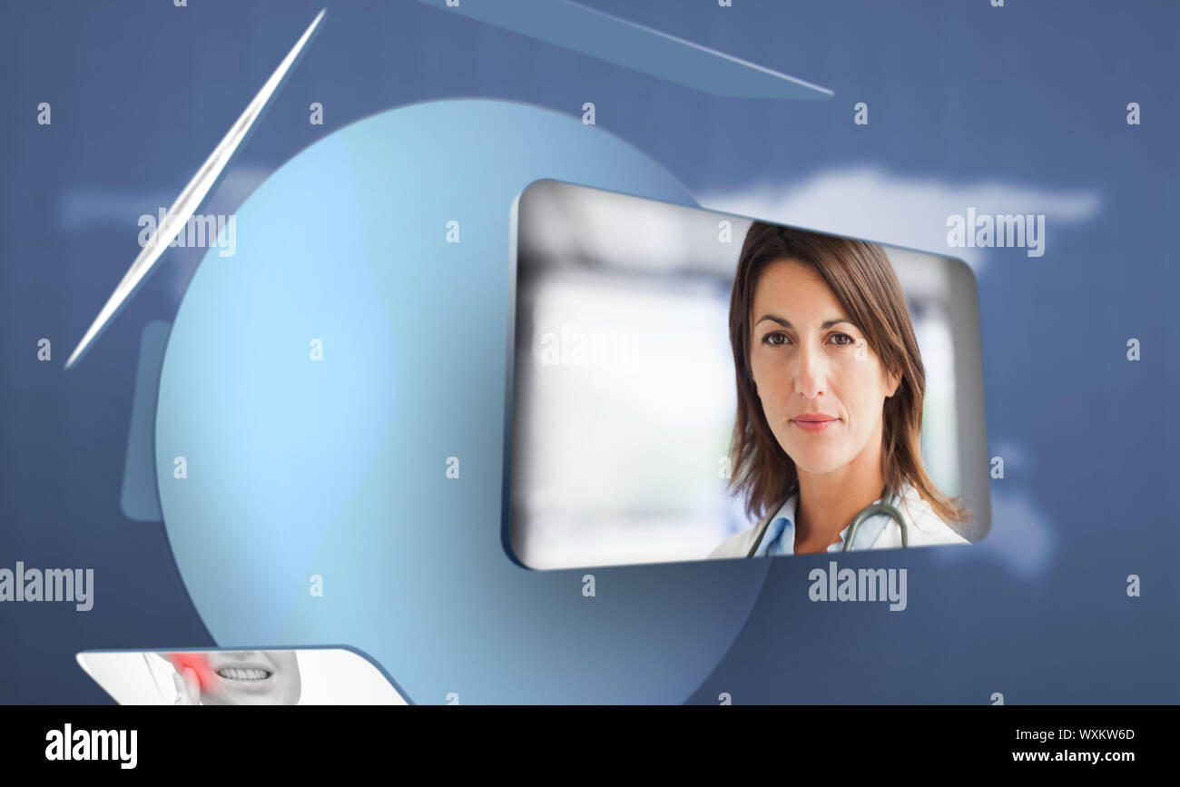 Screen displaying doctor in digital blue interface with sphere Stock ...