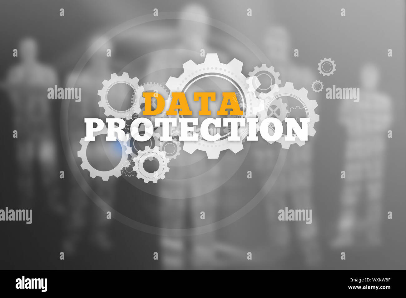 Data protection text with wheels and cogs on grey digital background ...