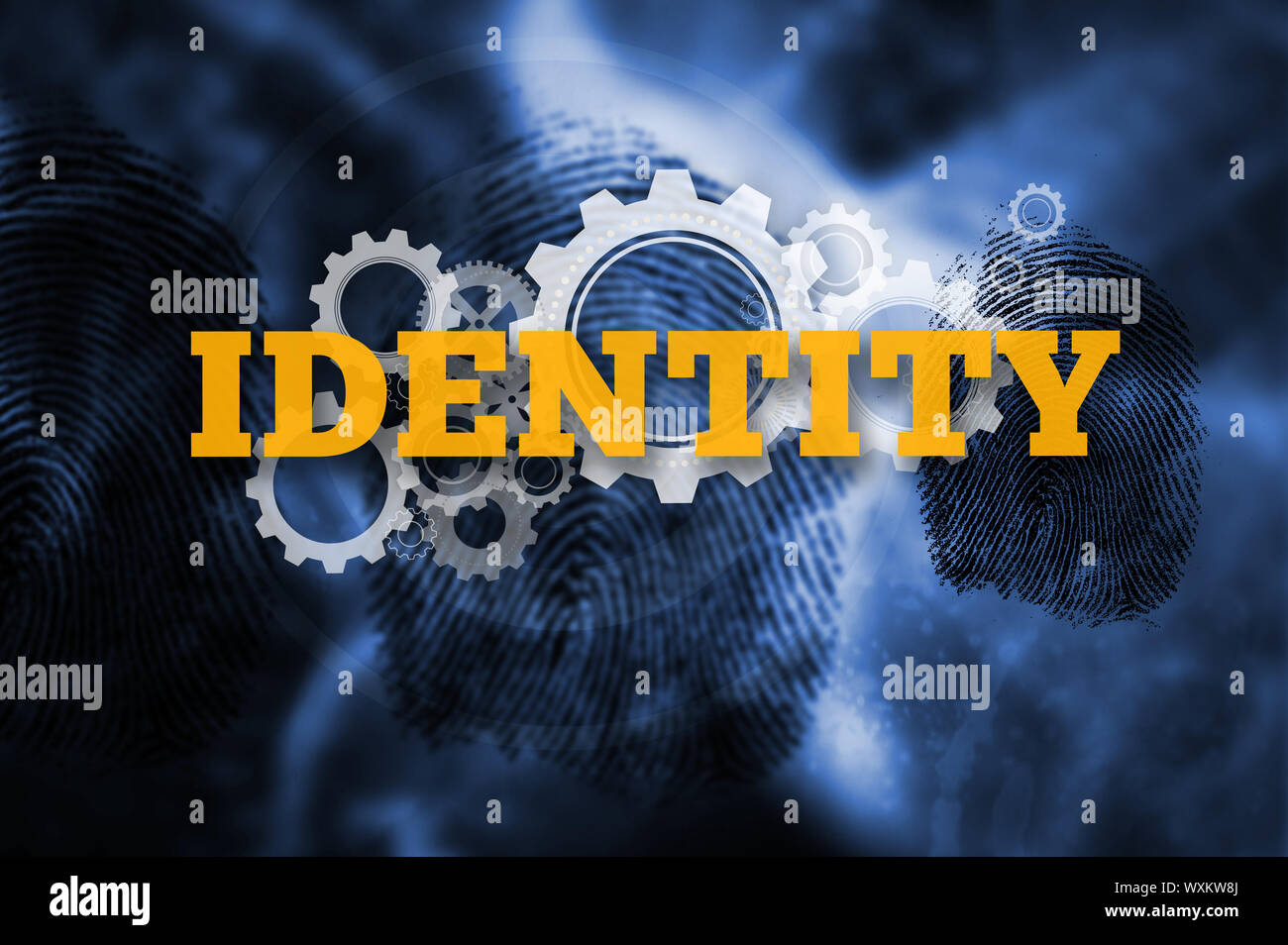 Yellow identtiy text on blue digital background with fingerprint Stock ...