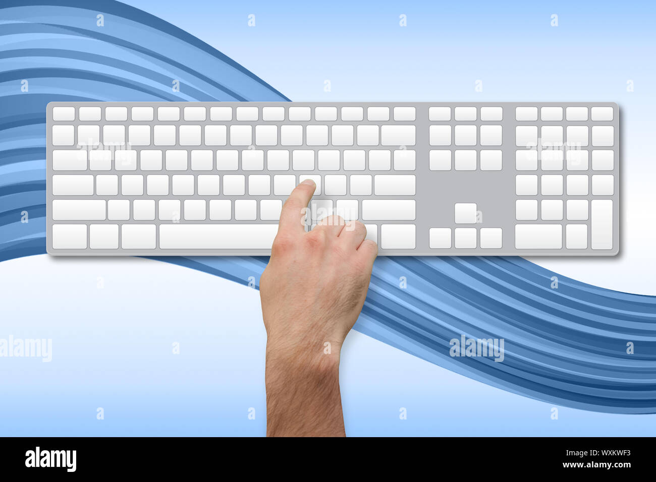 Hand pressing key on blank keyboard on blue wave background Stock Photo ...