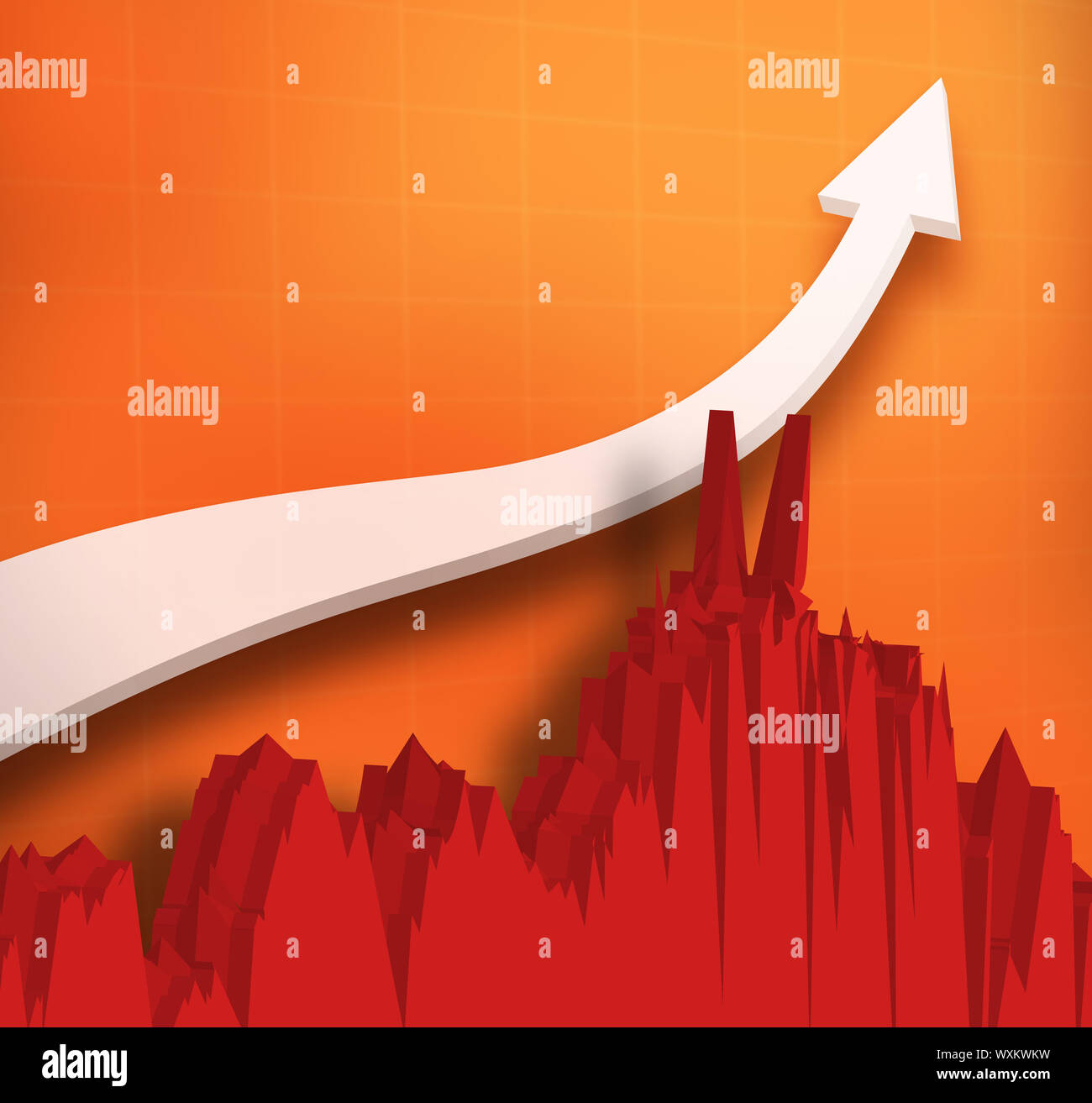 Digital white arrow with a red graph against a orange background Stock ...