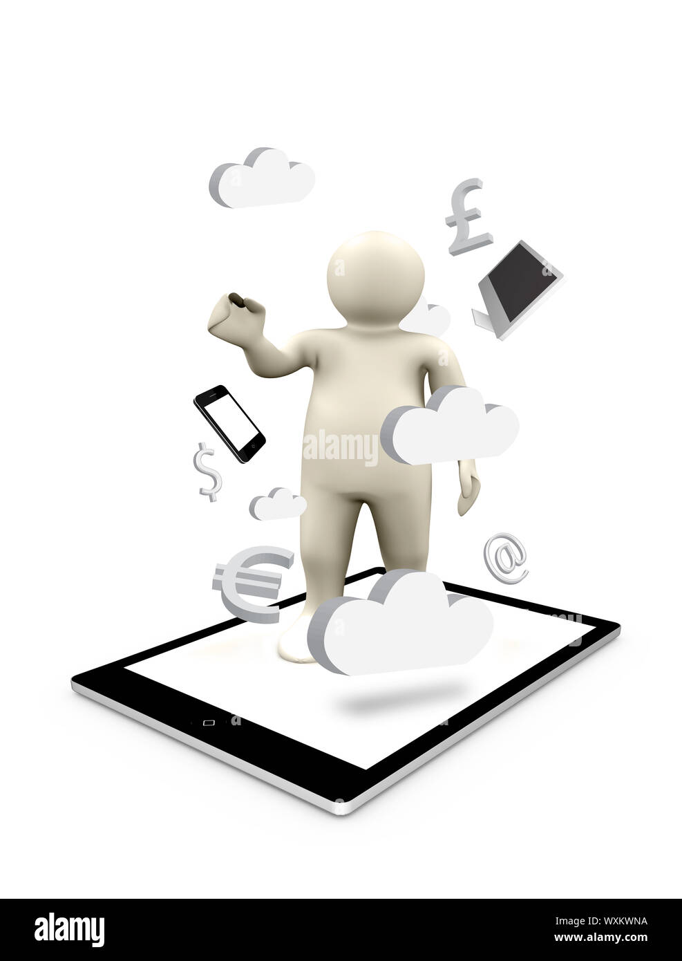 Digital figure on a tablet pc with business symbols against a white ...
