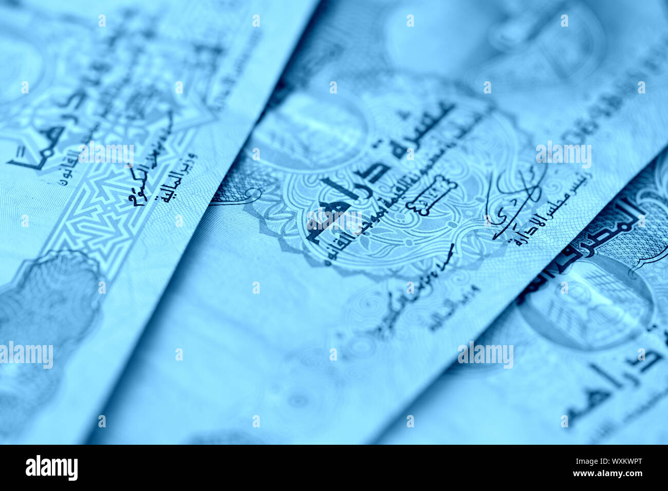 United Arab Emirates banknotes close up blue color toned Stock Photo ...