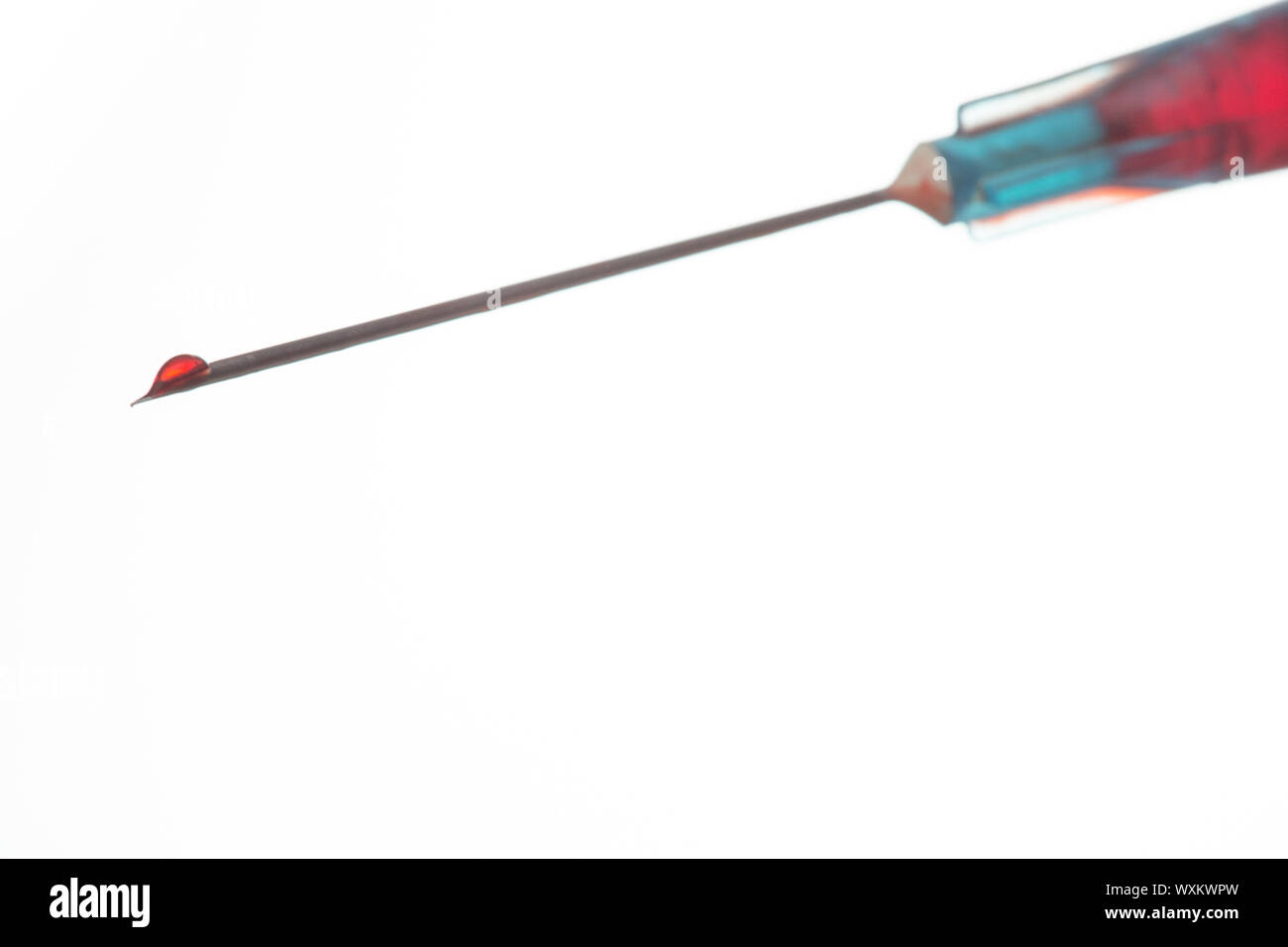 Drop of blood on needle on white background Stock Photo - Alamy