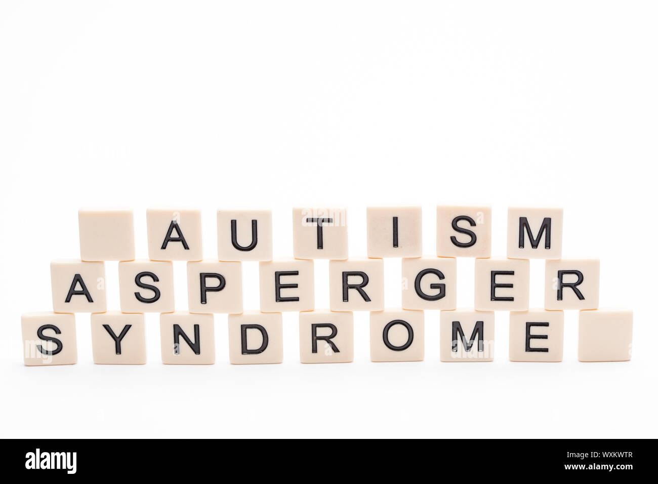 Autism asperger syndrome spelled out in plastic letter pieces on white ...