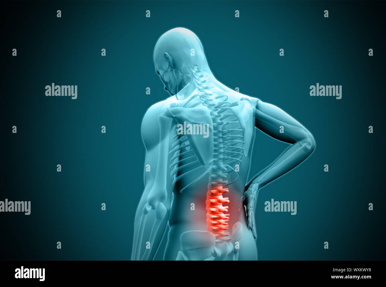 Digital blue human rubbing highlighted back pain on teal background ...