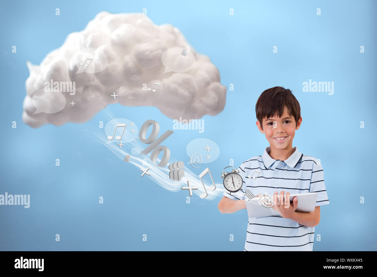 Cute boy using tablet to connect to cloud computing on blue background ...