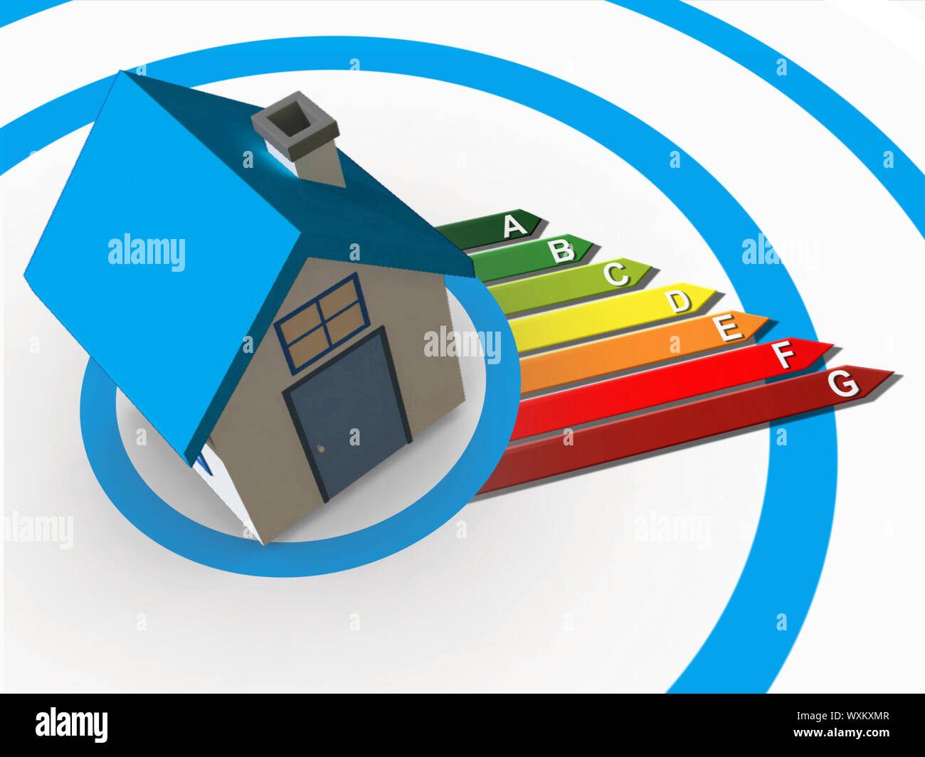 Energy ratings chart coming from 3d house on blue circular background ...