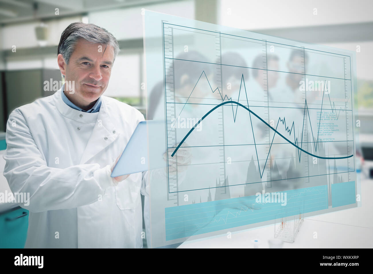 Confident scientist working with tablet and futuristic interface ...