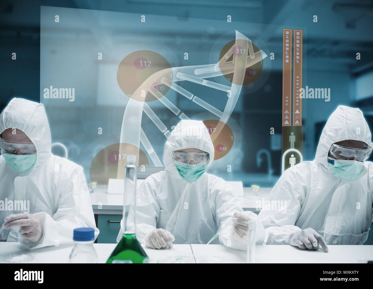 Scientists working in the lab with futuristic interface showing DNA ...