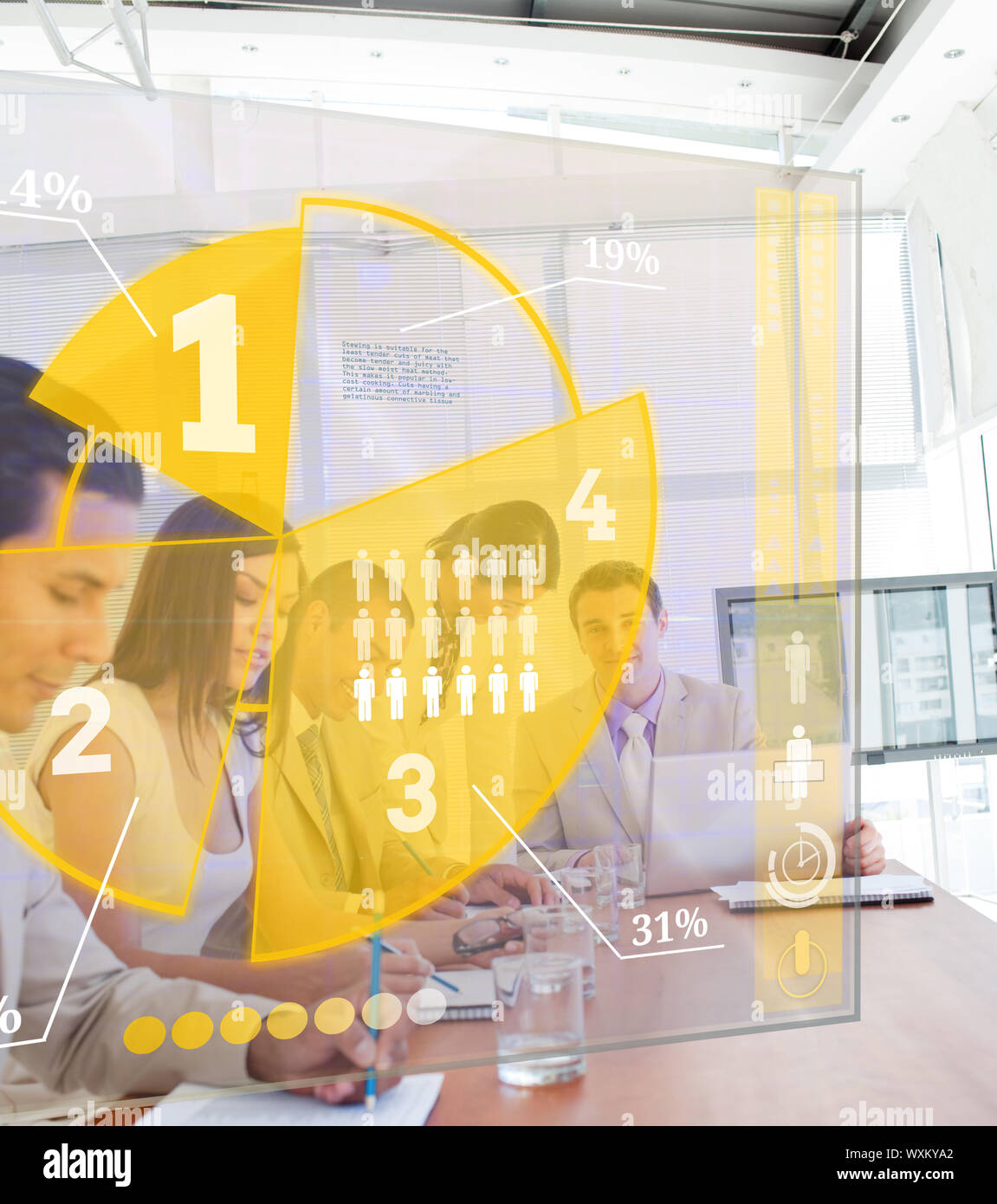Group of colleagues using yellow pie chart interface in a meeting Stock ...