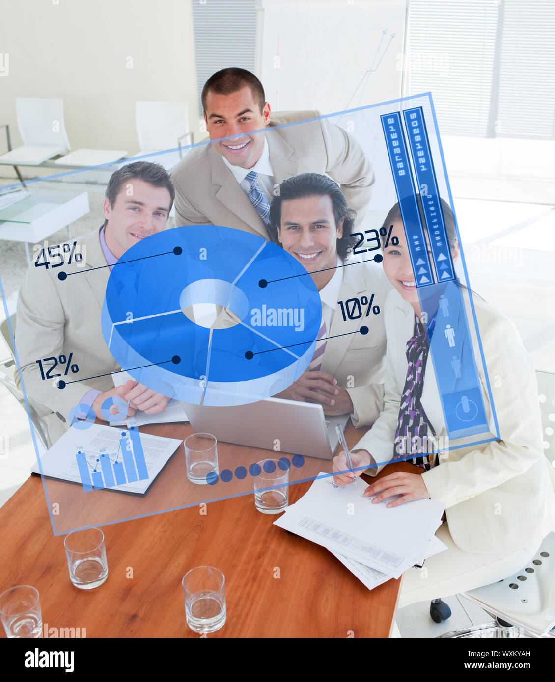 Overview of happy colleagues looking at blue chart interface in a ...