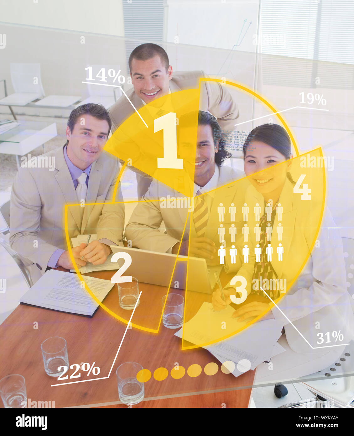 Overview of colleagues using yellow pie chart interface in a meeting ...