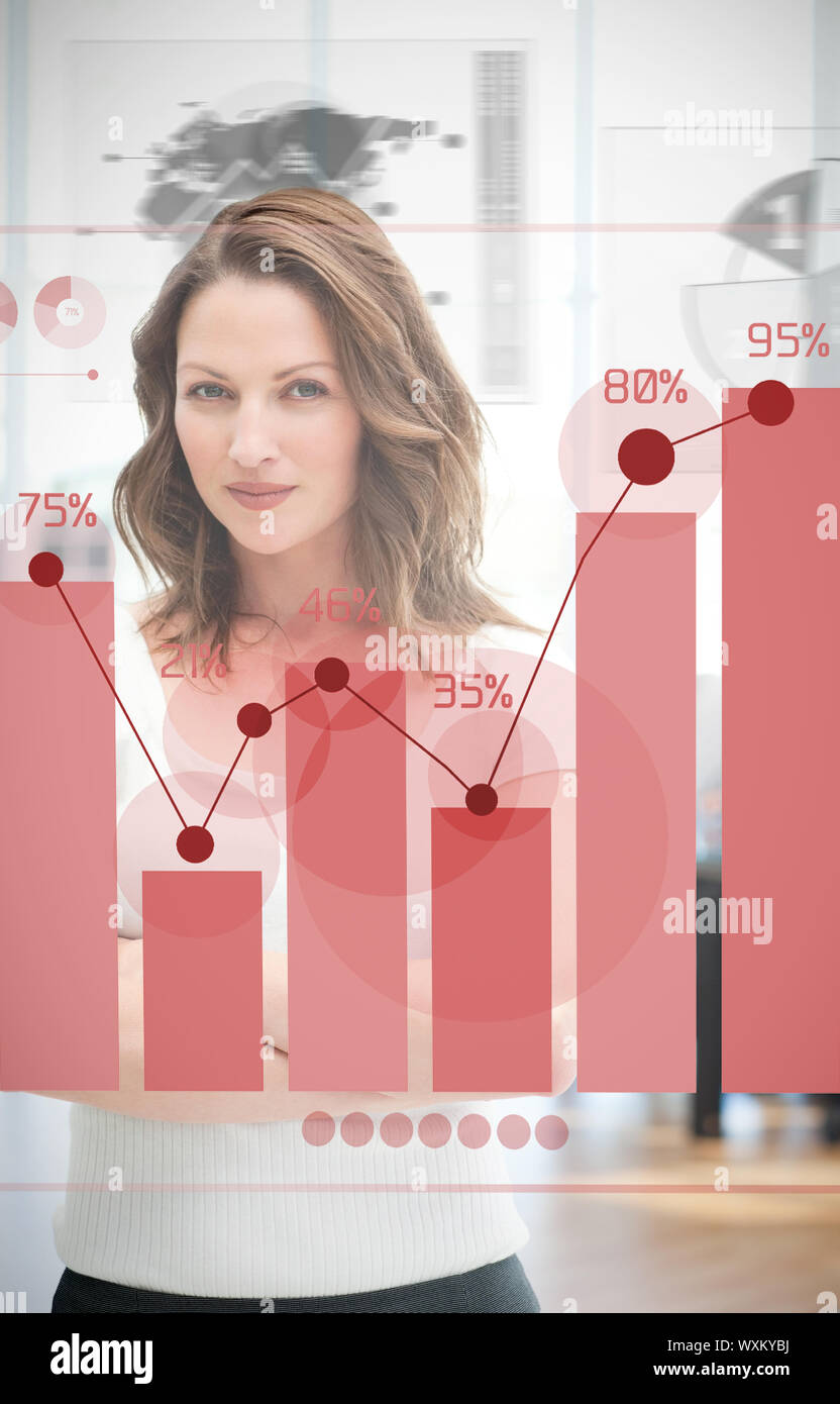 Confident blonde businesswoman using red chart interface with ...
