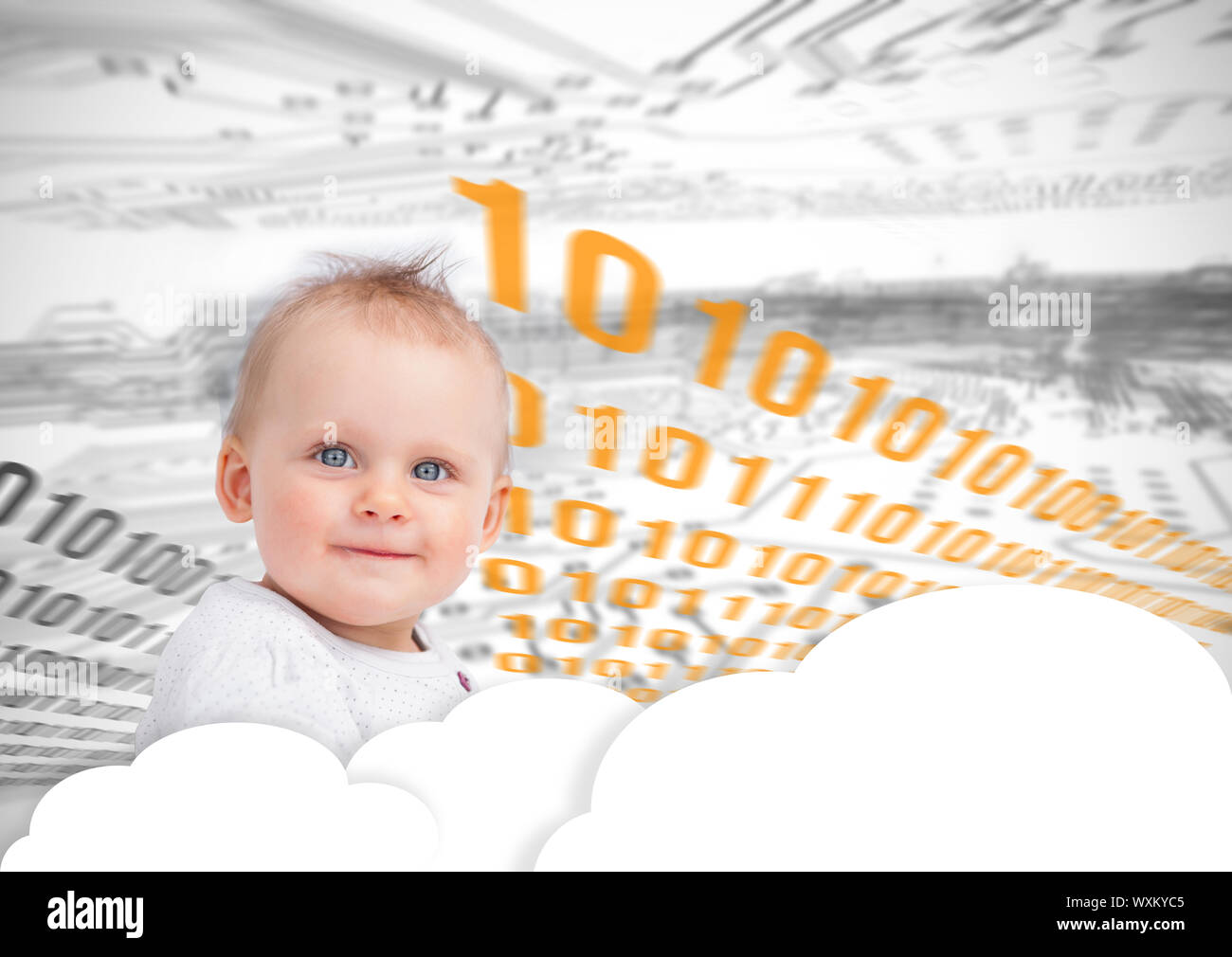 Portrait of a cute baby over clouds and futuristic background showing ...