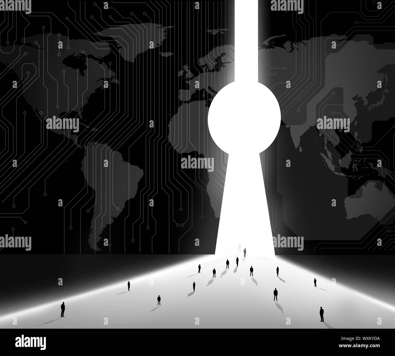 Business people going through keyhole door with world map Stock Photo ...