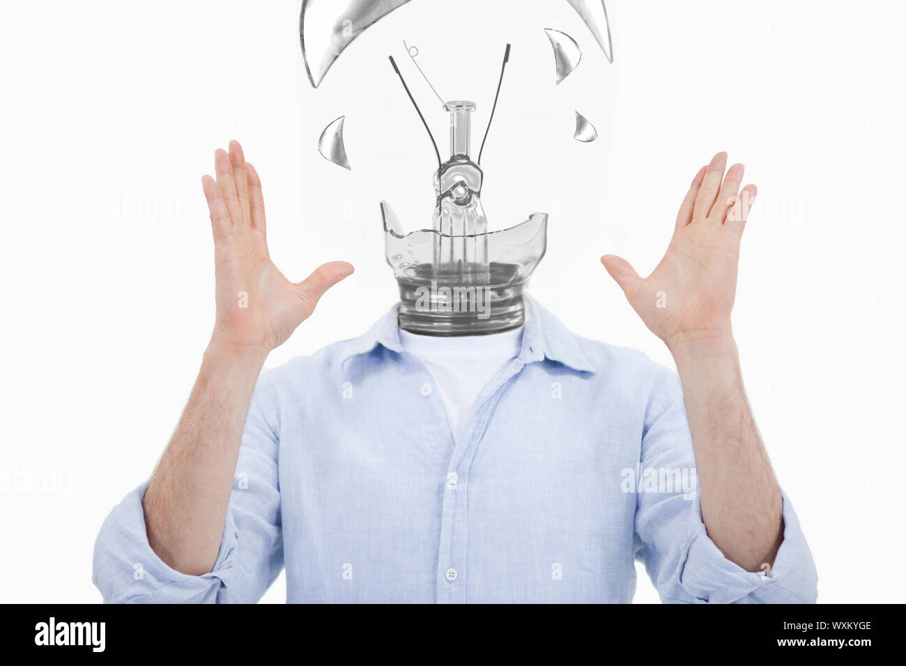Man raising his hands and having a light bulb instead of head Stock ...