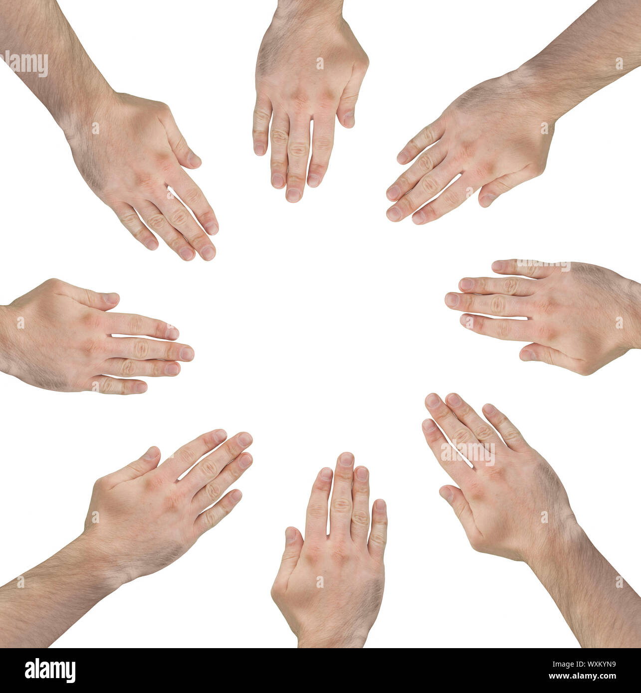 Group of hands forming a circle on white background Stock Photo - Alamy