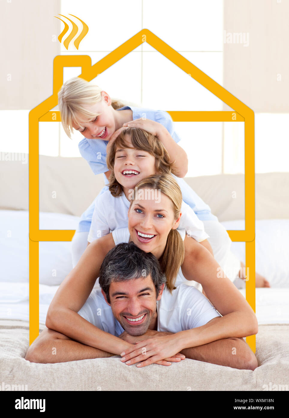 Family having fun doing a giant piggyback over house representation in ...