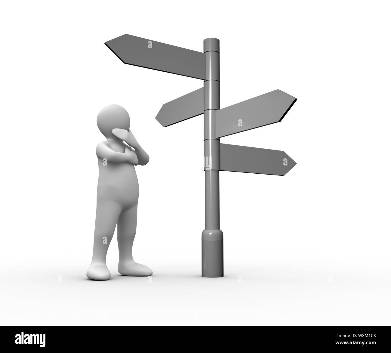 Confused white human representation looking at blank roadsign on white ...