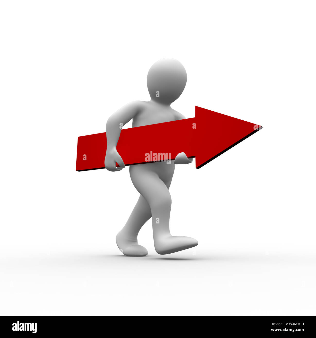 White human figure walking with red arrow in hands on white background ...