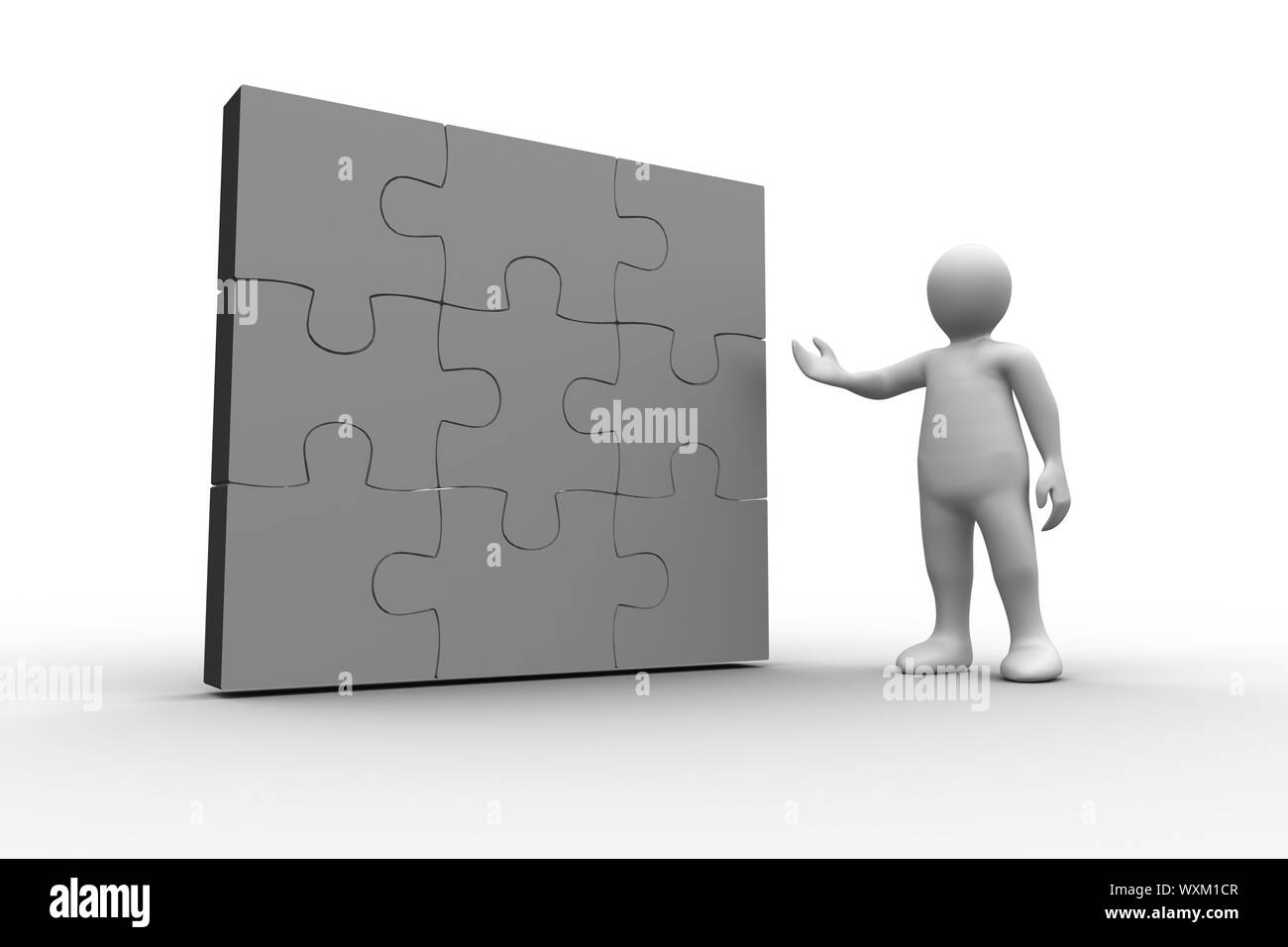 White human figure showing solved jigsaw puzzle on white background ...