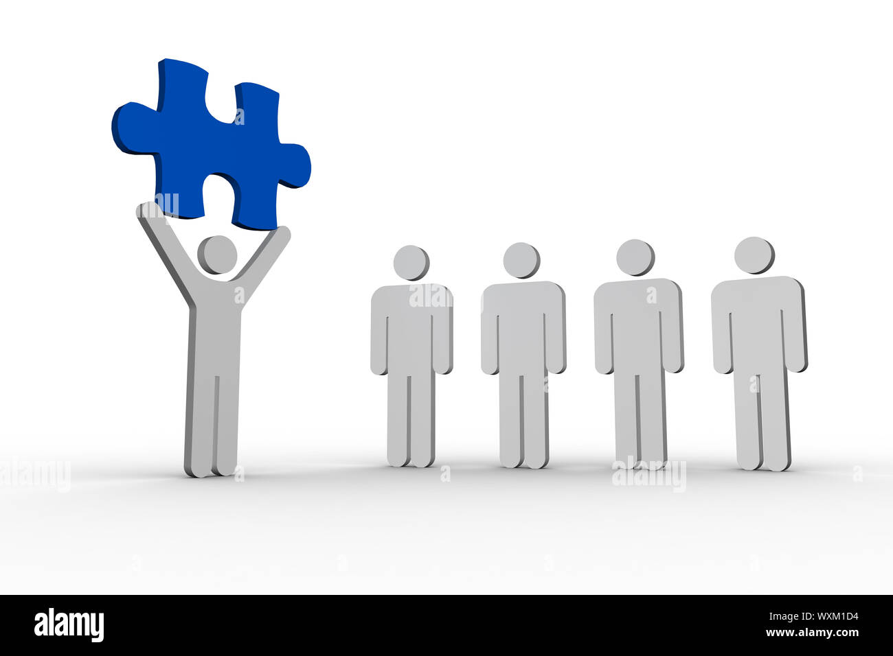 Human figure holding blue jigsaw piece next to line of human forms on ...
