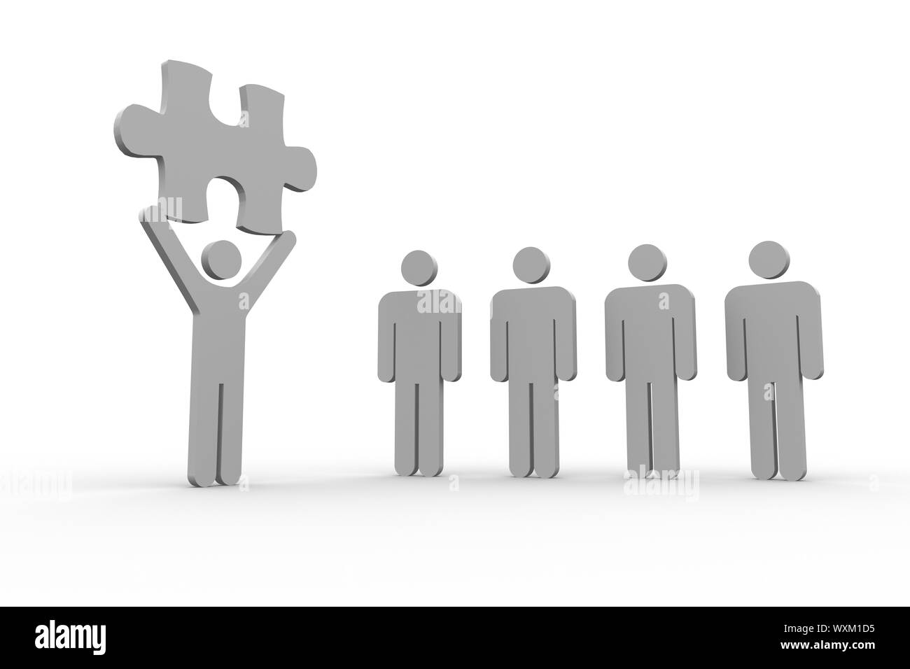 Human figure holding jigsaw piece next to line of human forms on white ...
