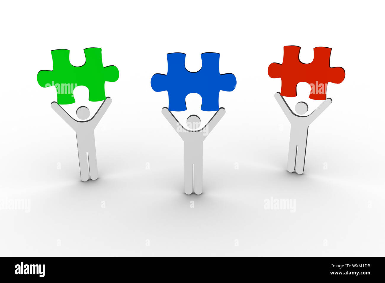 Human figures brandishing colorful jigsaw pieces on white background ...