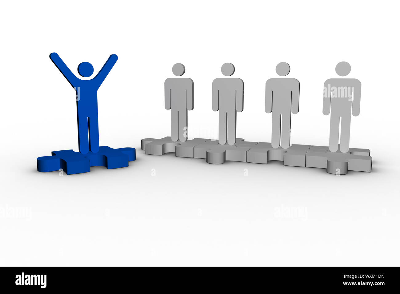 Blue human form raising arms over jigsaw piece next to other human ...