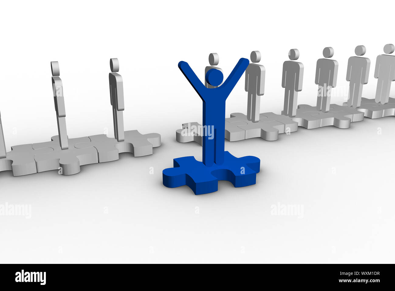 Blue human form over jigsaw piece raising arms and separated from line ...