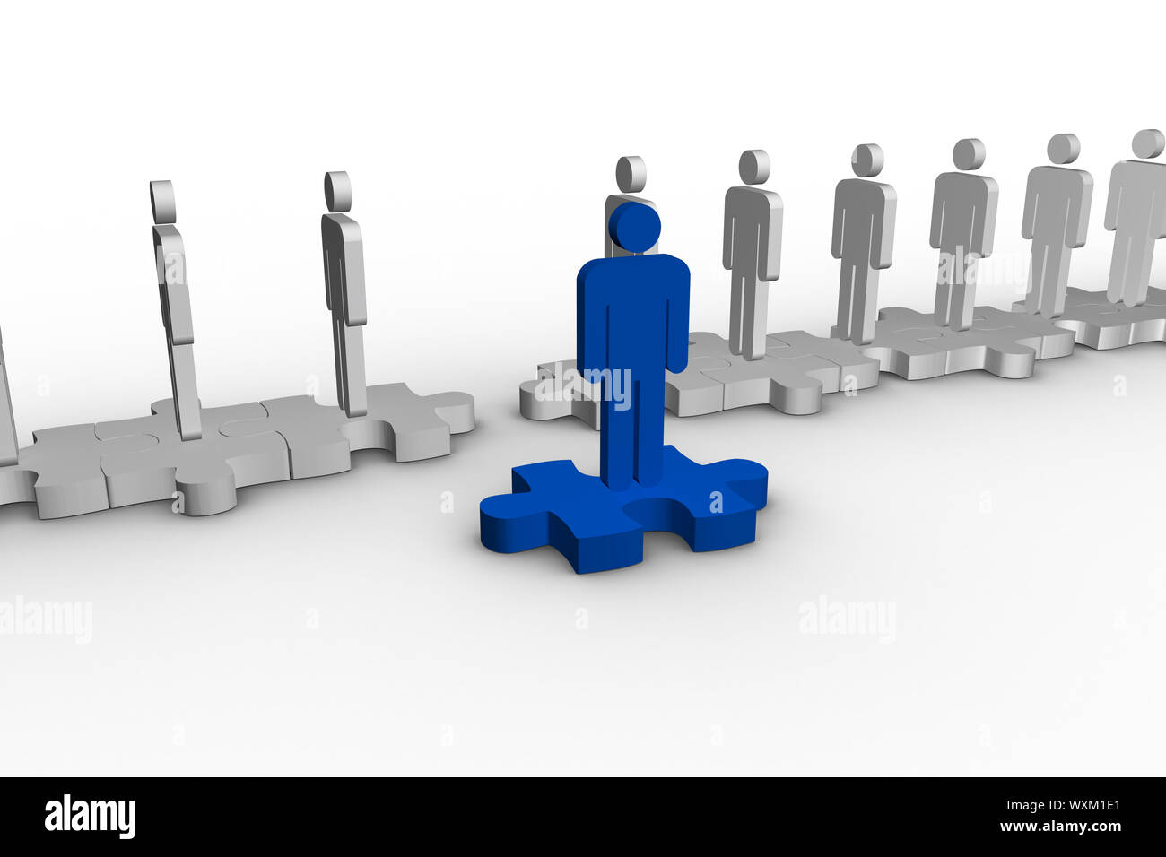 Blue human form over jigsaw piece separated from line of human ...
