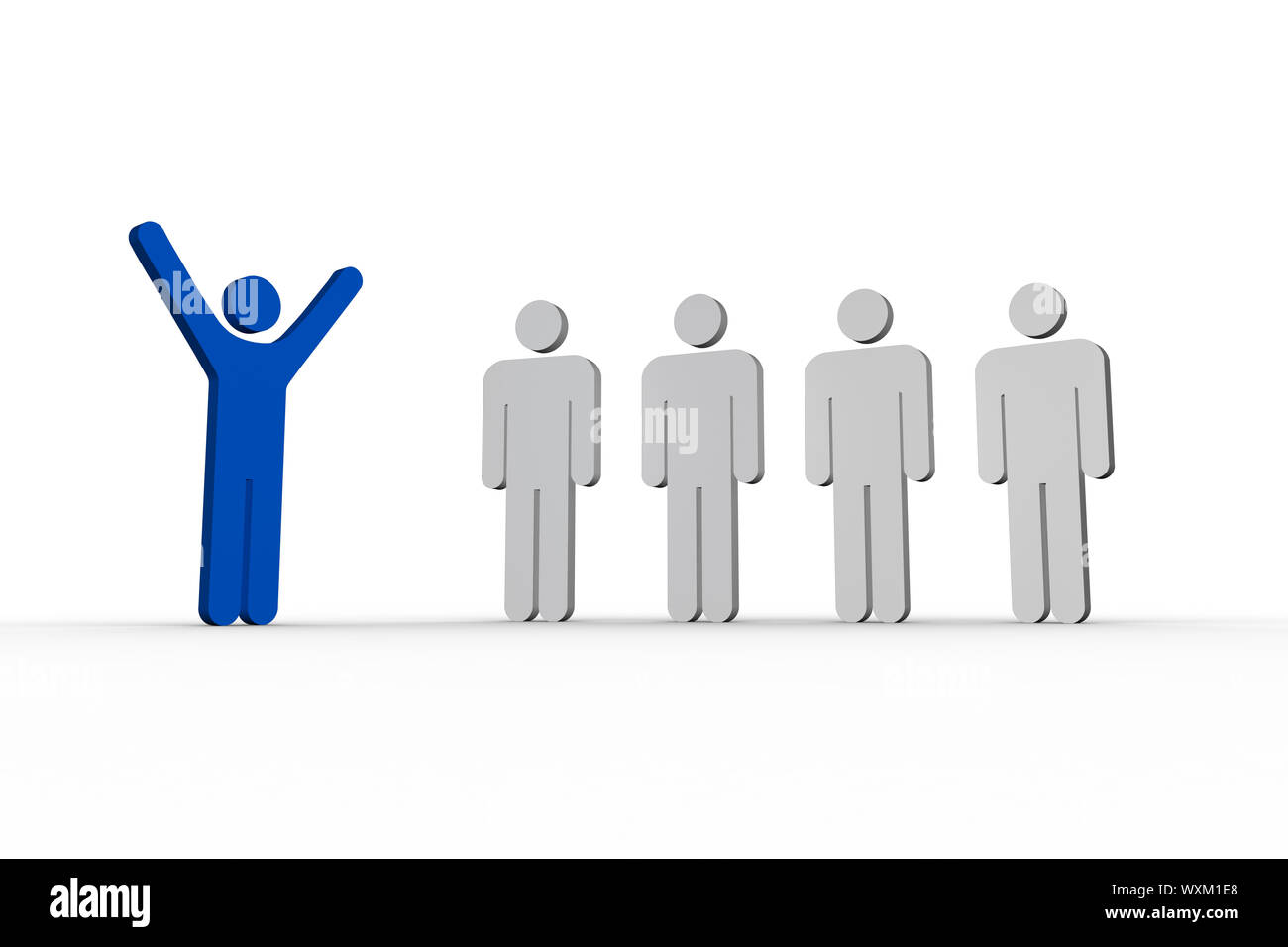 Blue human form raising arms in front of white other forms on white ...