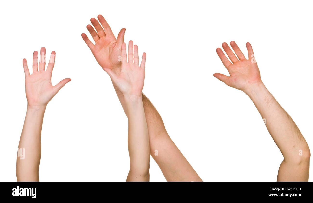 Raised Hands isolated on white Background Stock Photo - Alamy
