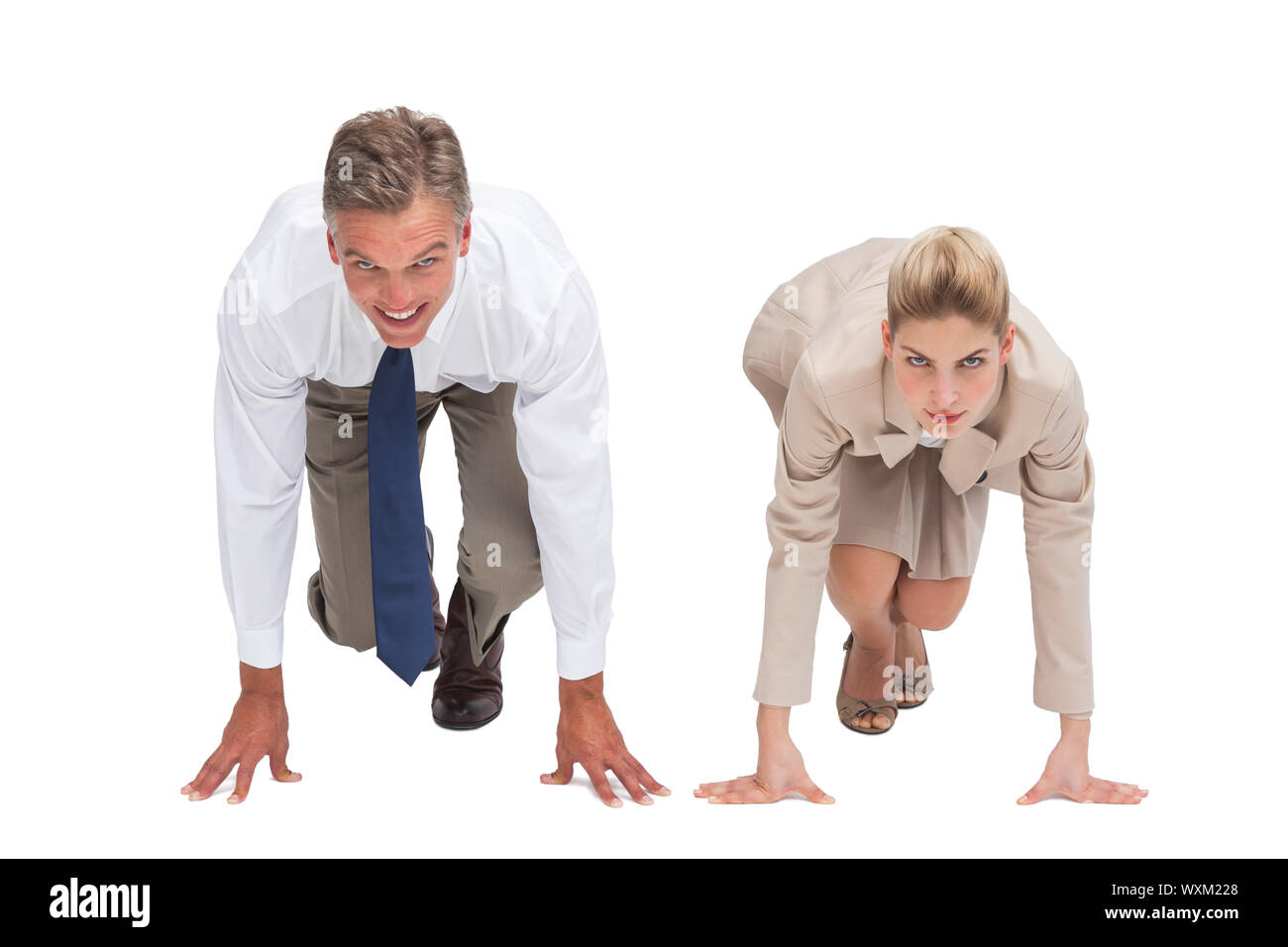 Two business people ready to start a race on white background Stock ...