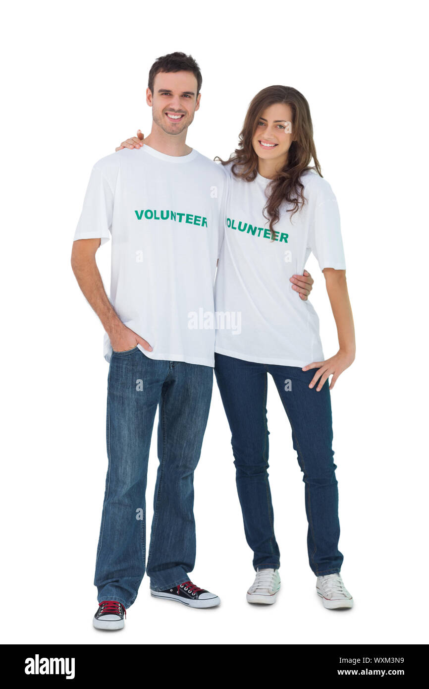 Two young people wearing volunteer tshirt on white background Stock ...